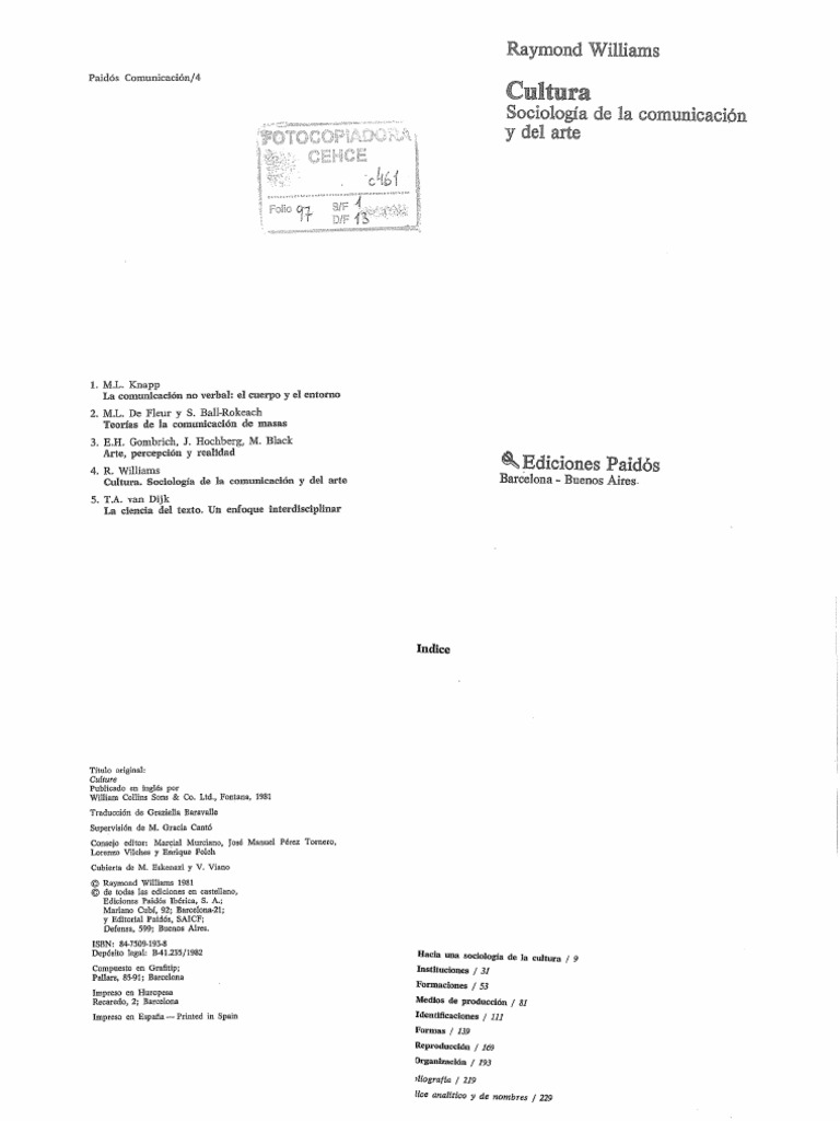 97 Williams, Raymond - Cultura. Sociología de La Comunicación y Del ...