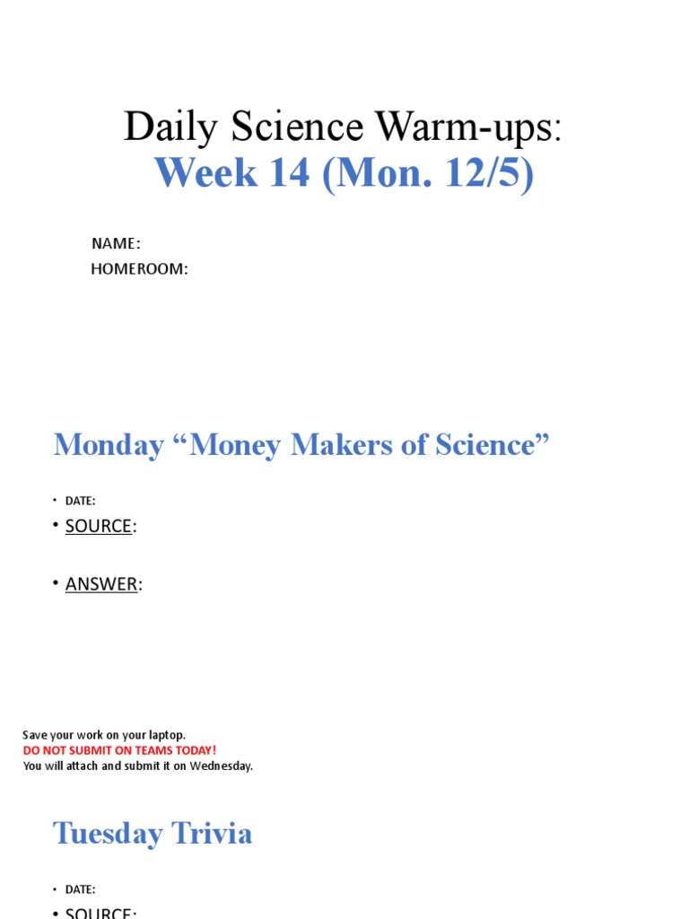 Daily Science Warm-Ups - Weekly Teams Template | PDF