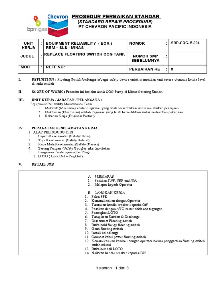 Prosedur Penggantian Floating Switch COG | PDF