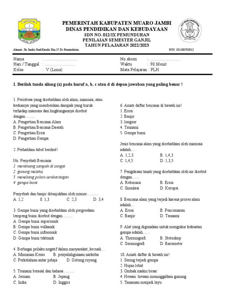Soal Semester 1 PLH 1 Kelas 5 | PDF
