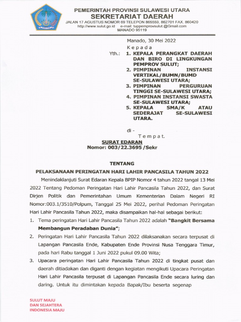 Surat Edaran Peringatan Hari Lahir Pancasila 1 Juni 2022 | PDF