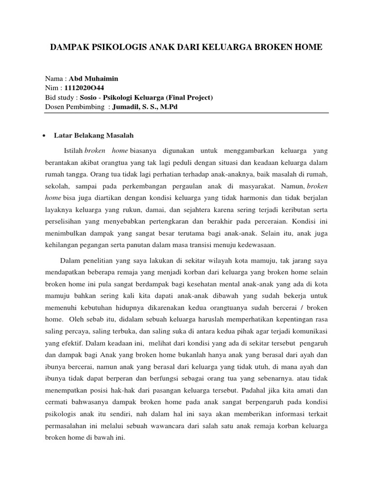 DAMPAK PSIKOLOGIS ANAK DARI KELUARGA BROKEN HOME Abd Muhaimin | PDF