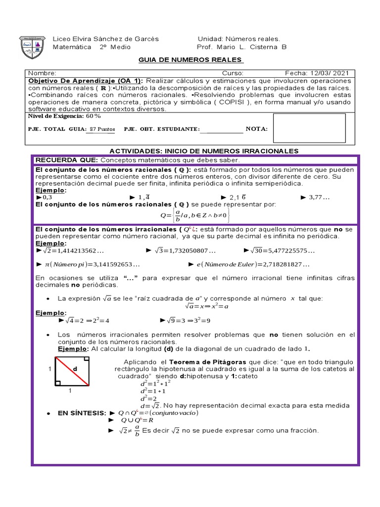 Guia N°5 de Numeros Reales 2° Medio 2020 | PDF | Raíz cuadrada | Números