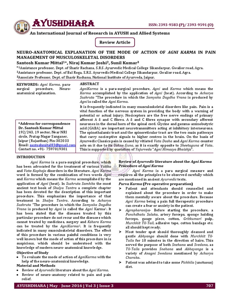 Neuro-Anatomical Explanation of The Mode of Action of Agni Karmain Pain Management of ...