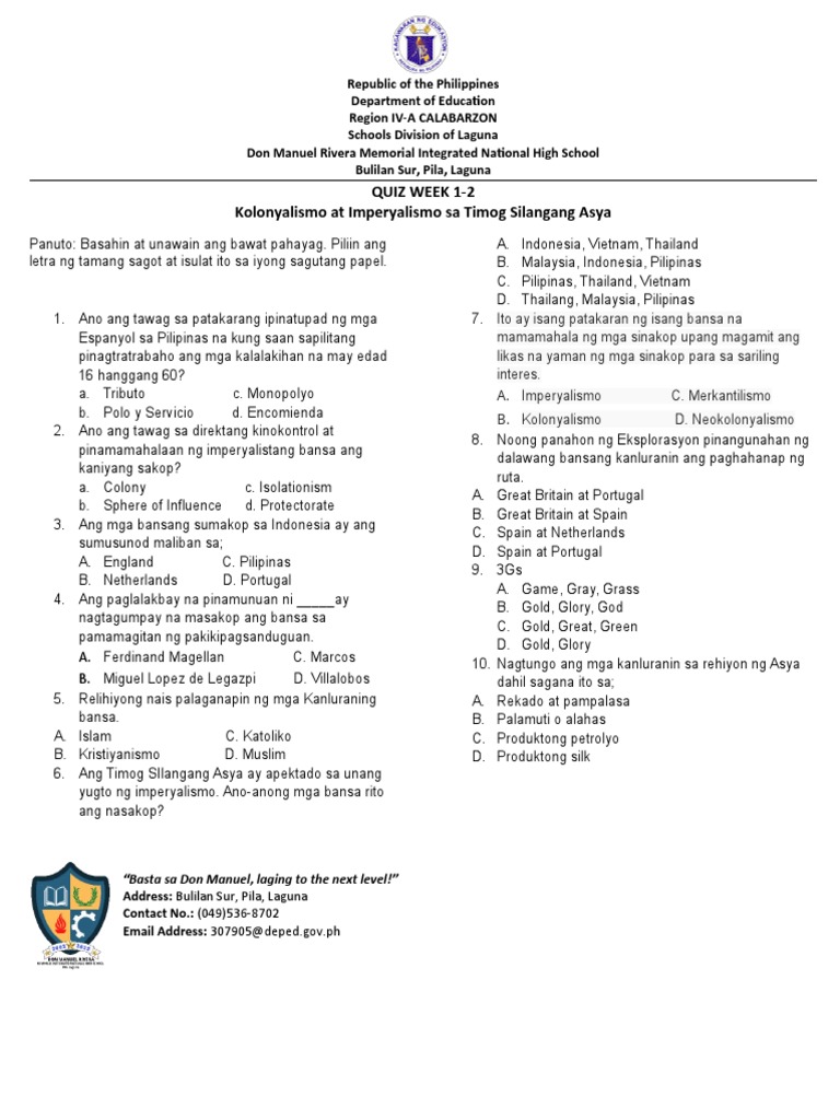 Grade 7 Q4 Week 2 Quiz | PDF