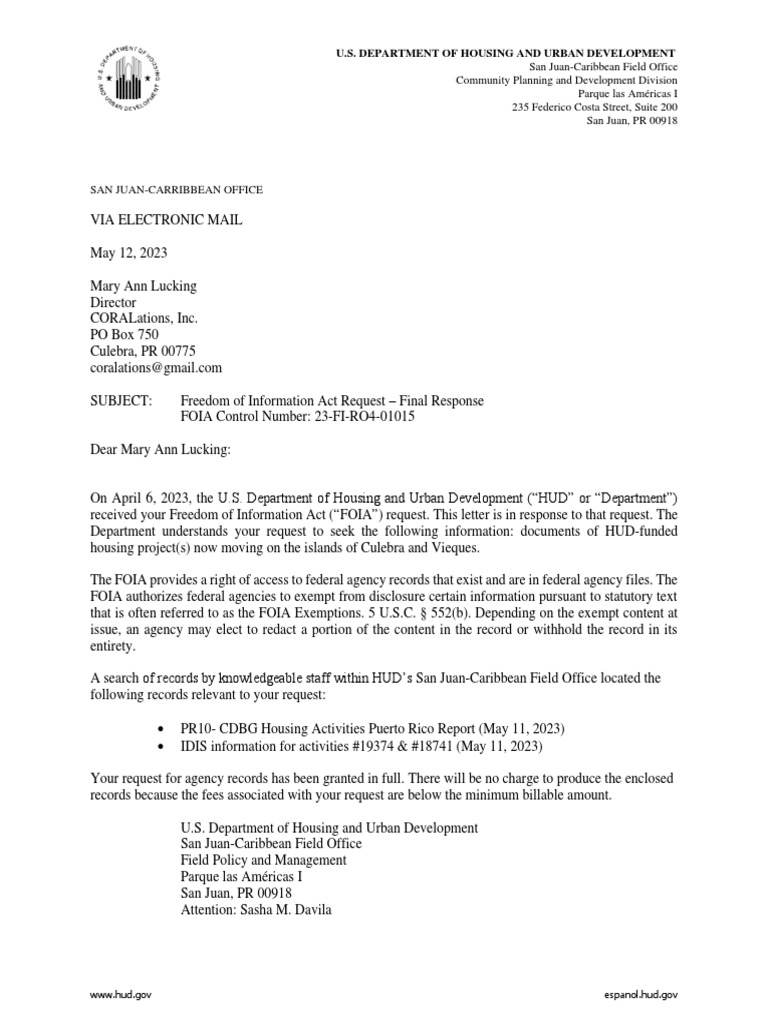 HUD Cover Letter FOIA Release | PDF | Freedom Of Information Act ...