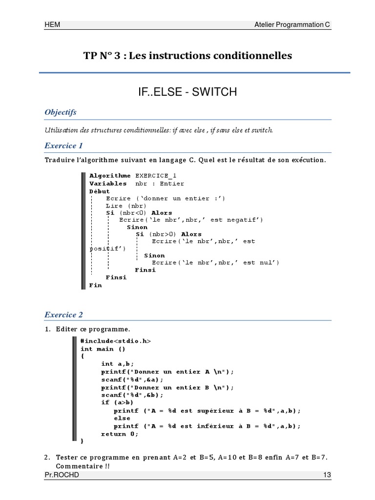 TP 3 Les Instructions Conditionnelles 1 | PDF | Programmation ...