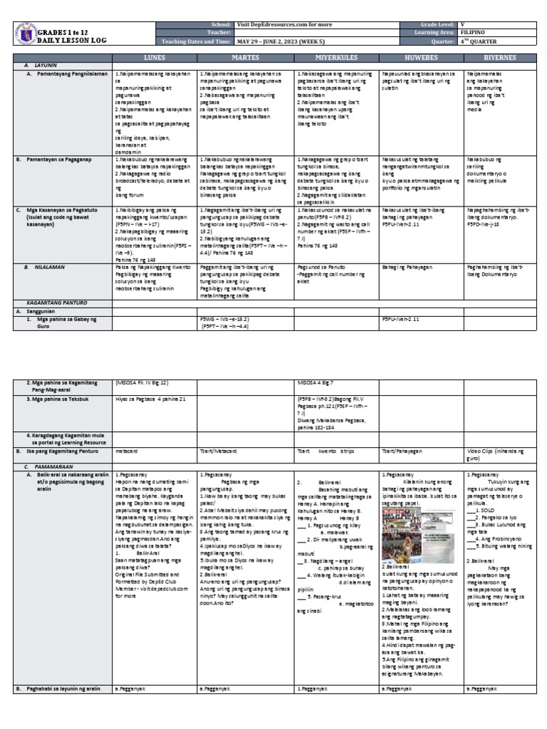 DLL Filipino 5 q4 w5 | PDF
