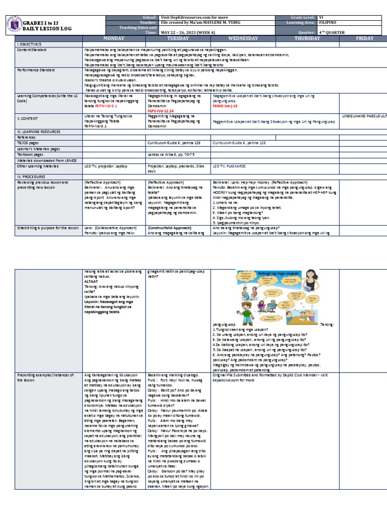 DLL - Filipino 6 - Q4 - W4 | PDF