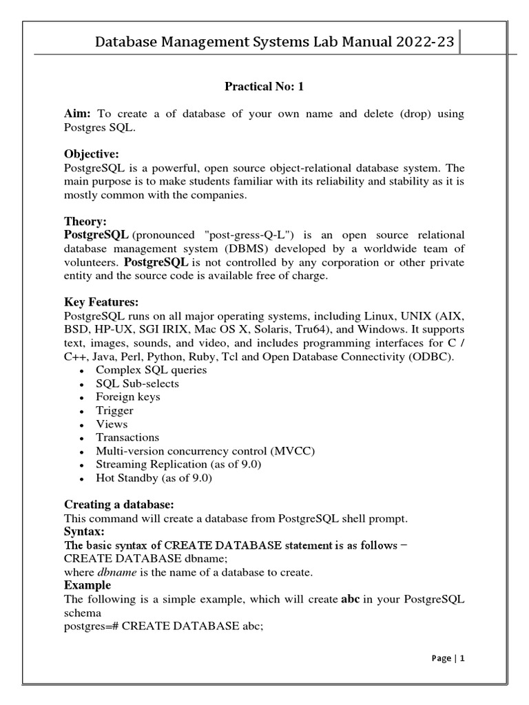 Final Lab Manual DBMS 2023 | PDF | Postgre Sql | Sql Final Lab Manual DBMS 2023 | PDF | Postgre Sql | Sql