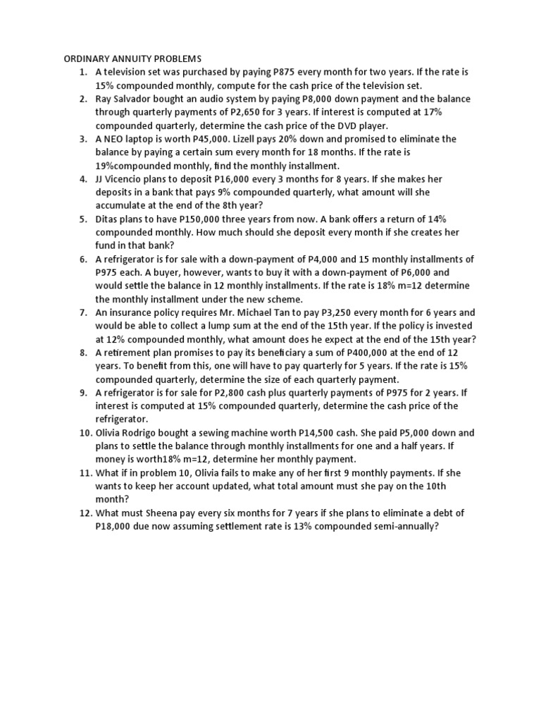 Ordinary Annuity Problems | PDF | Interest | Down Payment