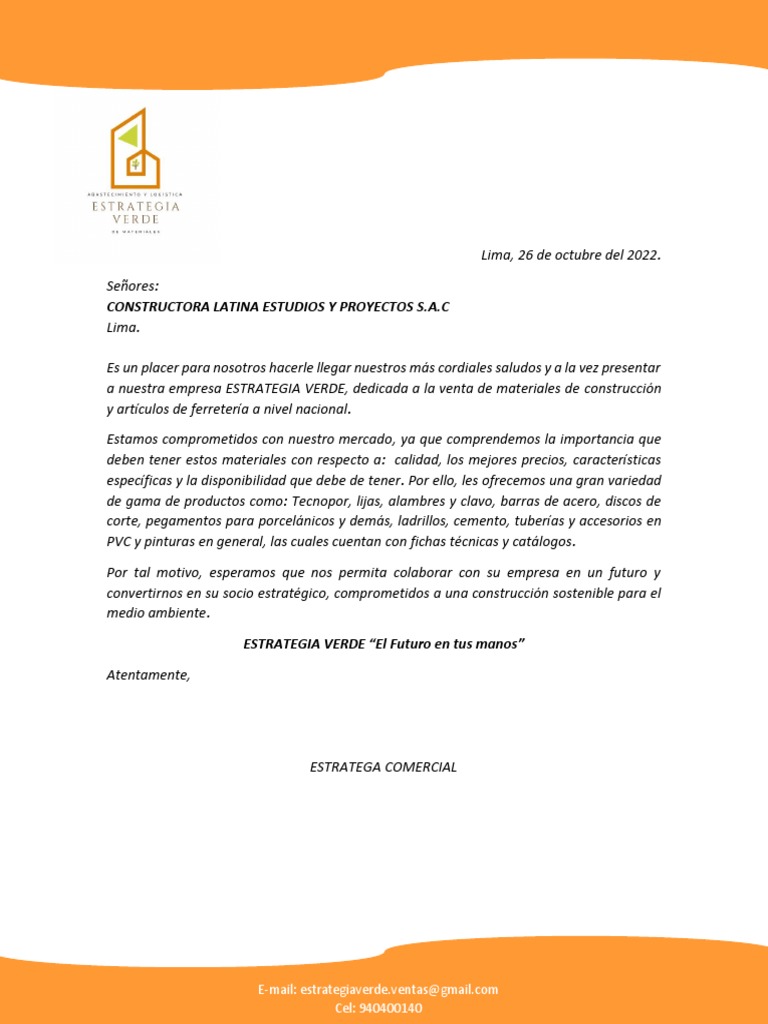 CARTA DE PRESENTACION A CONSTRUCTORA LATINA ESTUDIOS Y PROYECTOS S.A | PDF