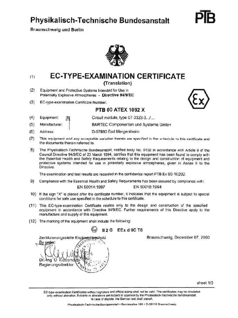 PTB 00 ATEX 1092x | PDF