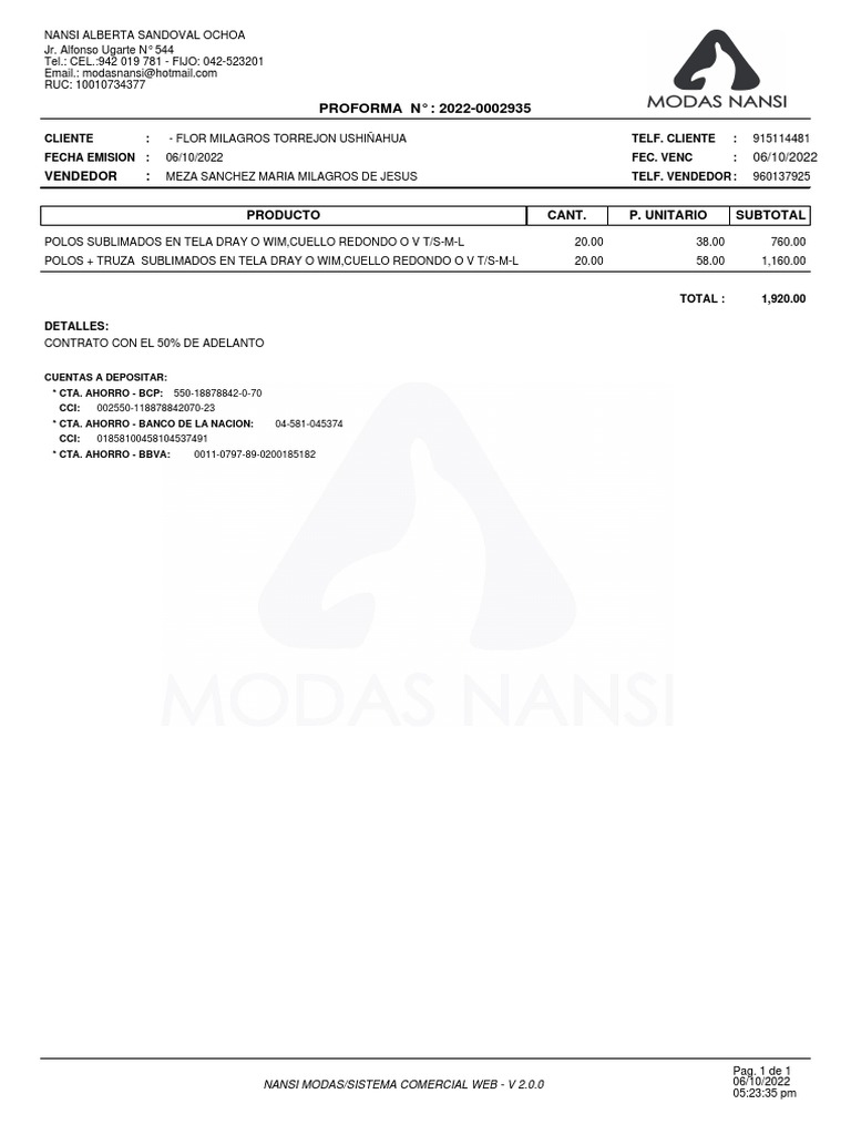 PROFORMA N°: 2022-0002935: Vendedor | PDF