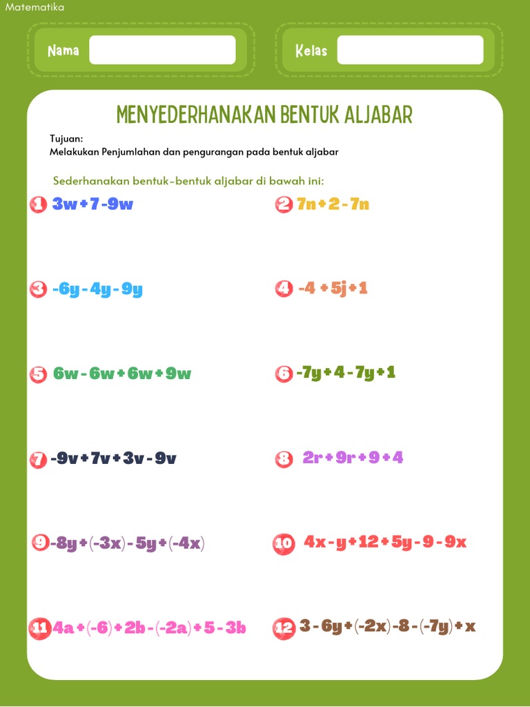 Menyederhanakan Bentuk Aljabar - Fase D - Kelas 7 | PDF