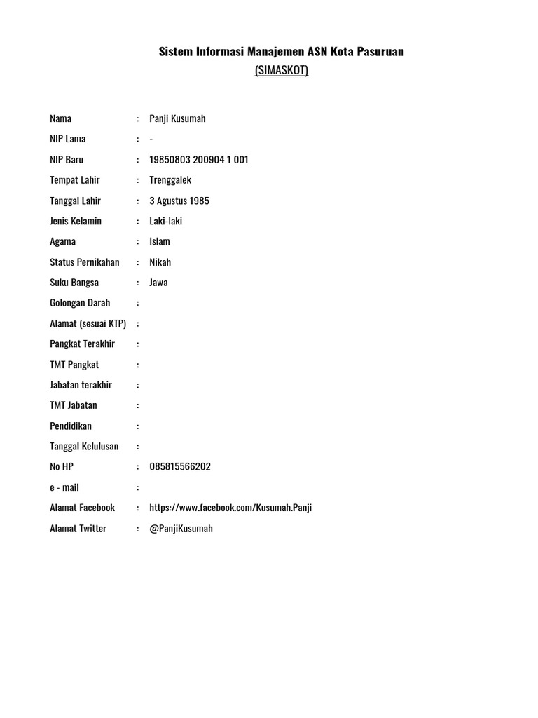 Data ASN Panji Kusumah Pasuruan | PDF