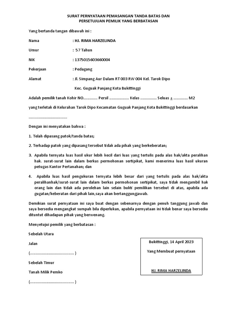 Surat Pernyataan Batas Tanah HJ. Rima | PDF | Hukum