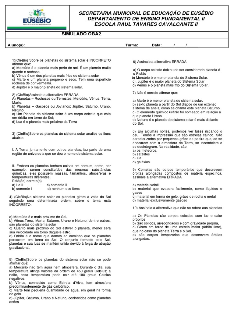 Simulado Oba 3 | PDF | Planetas | Sistema Solar