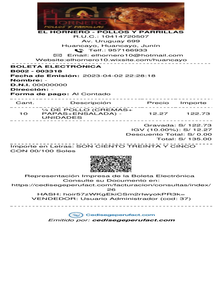 Carta y Factura de El Hornero 2023 | PDF | Finanzas y dinero