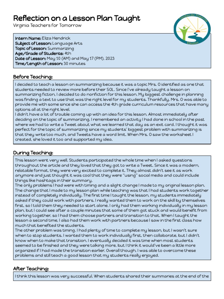 Eliza Hendrick - LP Reflection Template 22-23 | PDF | Lesson Plan