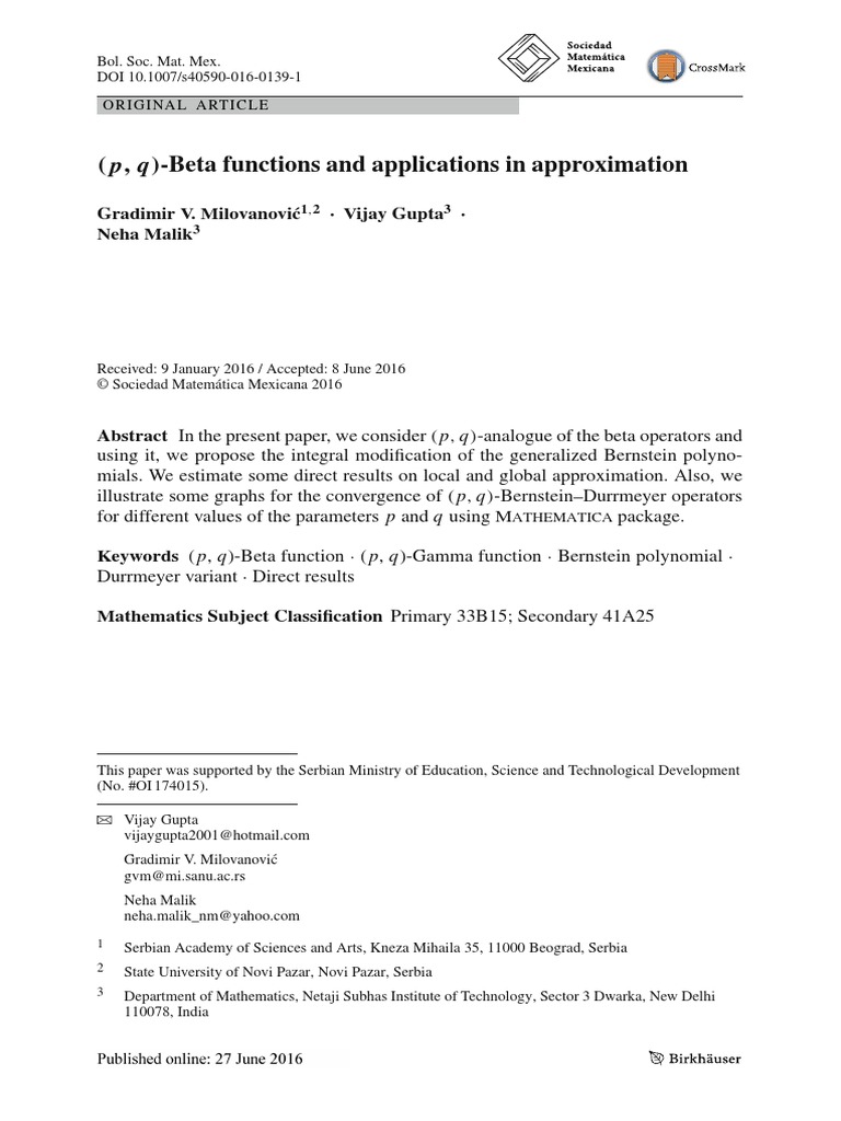(P, Q) - Beta Functions and Applications in Approximation | PDF | Function (Mathematics ...