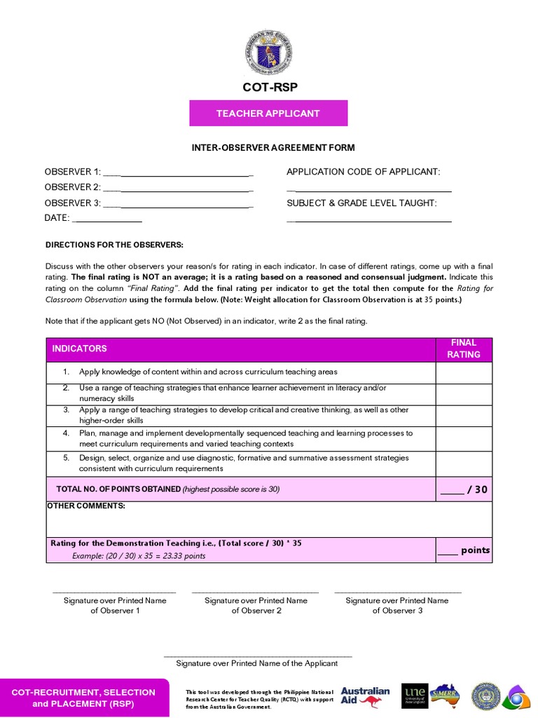 Annex M - COT-RSP Inter-Observer Agreement Form | PDF | Curriculum ...