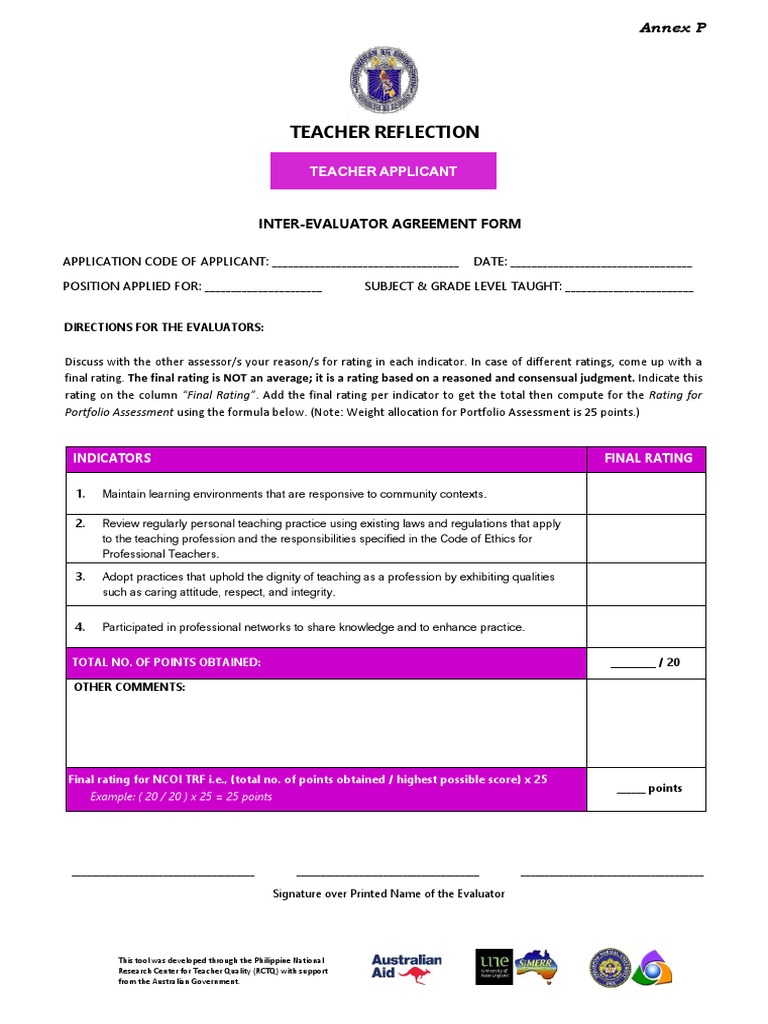 Annex P - Teacher Reflection Inter-Evaluator Agreement Form | PDF