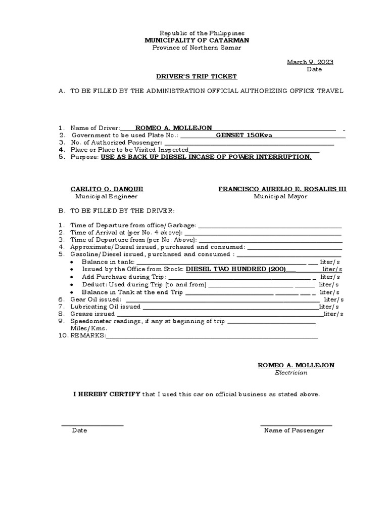 Diesel Trip Ticket | PDF