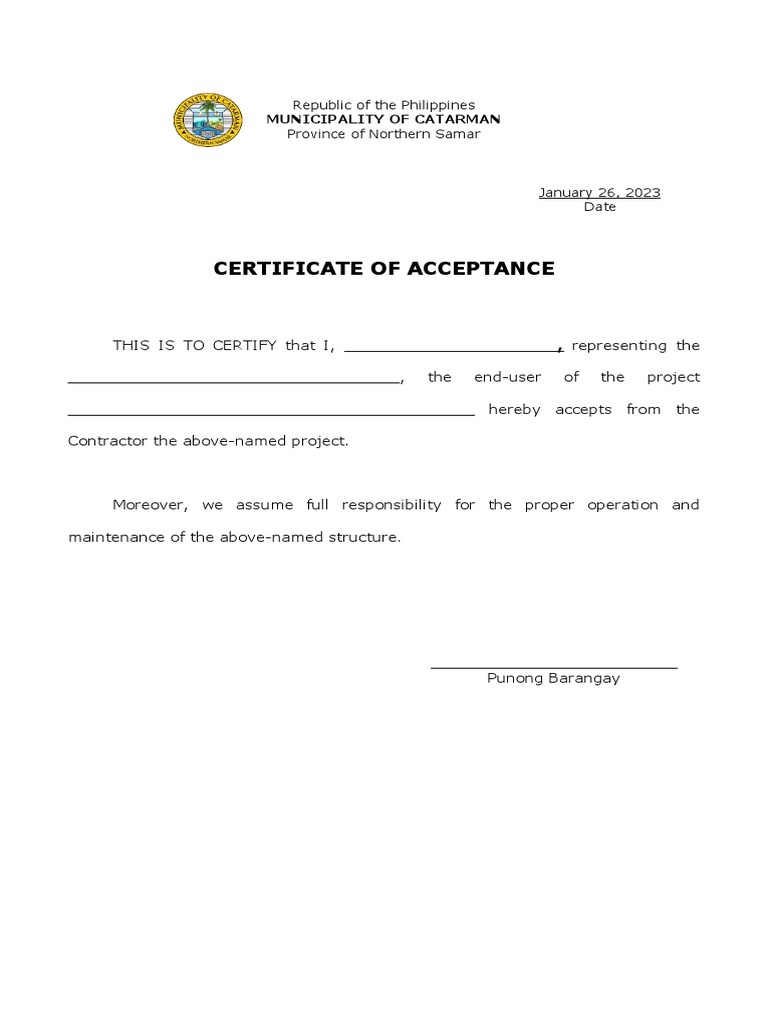 Certificate of Acceptance Template | PDF