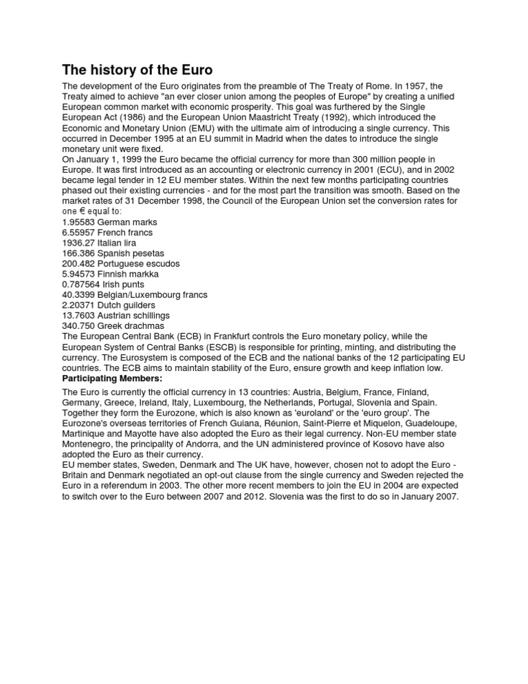 The History of The Euro | PDF | Eurozone | Euro