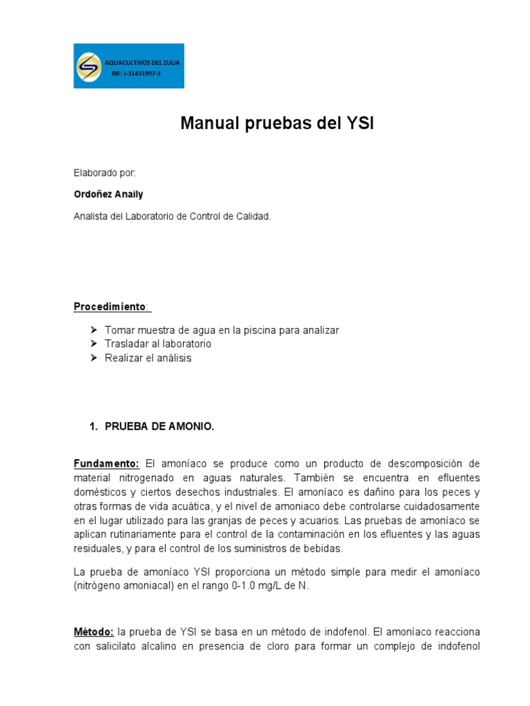 Manual. Pruebas YSI | PDF | Amoníaco | Agua