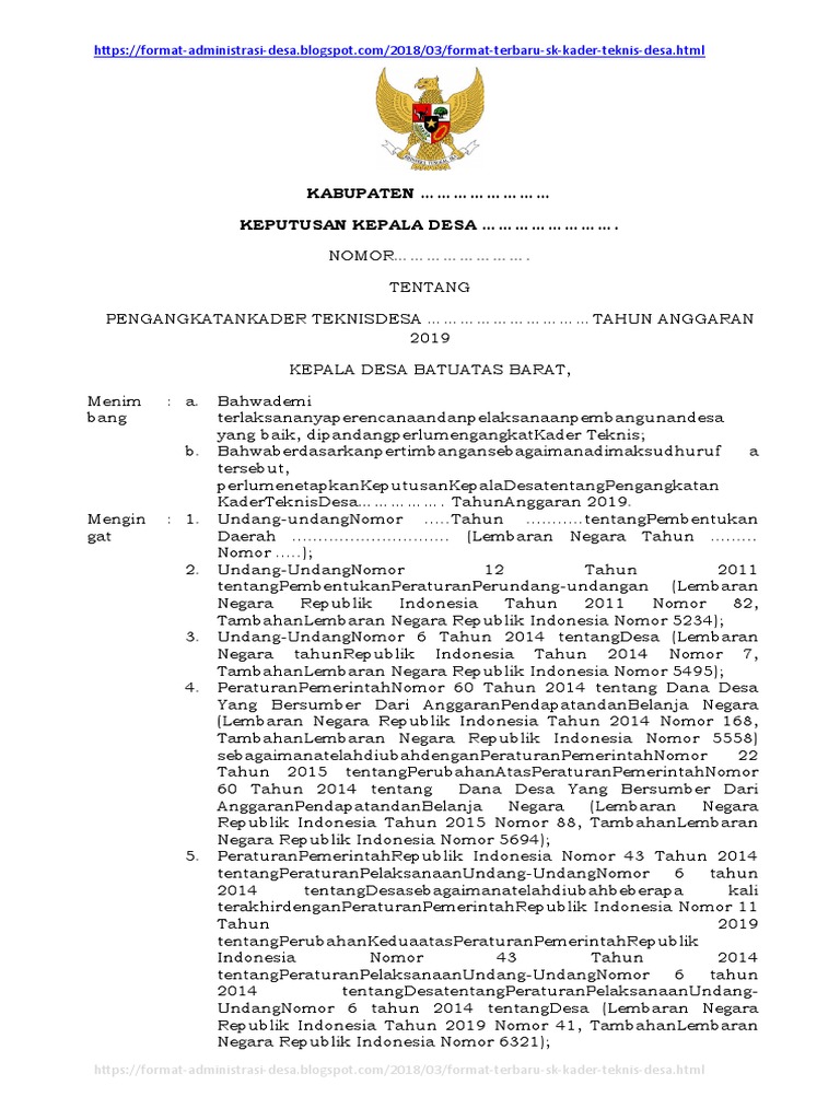 Format Baru SK Pengangkatan Kader Teknik Desa 2023 | PDF