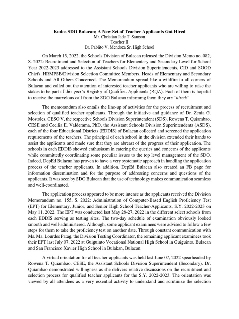 1 Kudos SDO Bulacan - Article by Christian Jade Samson | PDF