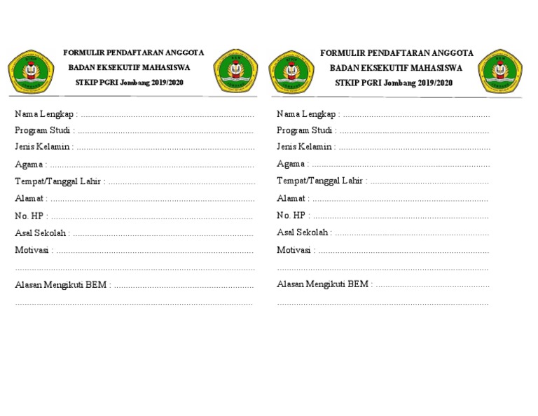 Formulir Pendaftaran Anggota Bem Pdf