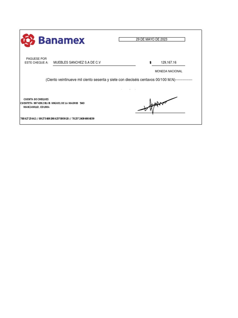 Ejemplo de cheque Banamex con centavos | PDF