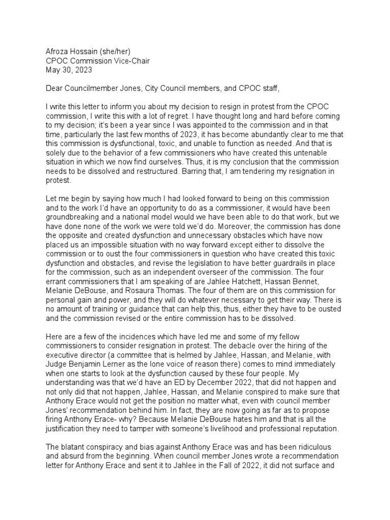 Citizens Police Oversight Commission Vice Chair Afroza Hossain's Letter ... Citizens Police Oversight Commission Vice Chair Afroza Hossain's Letter ...