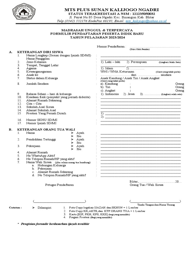 Formulir Pendaftaran MTS New | PDF
