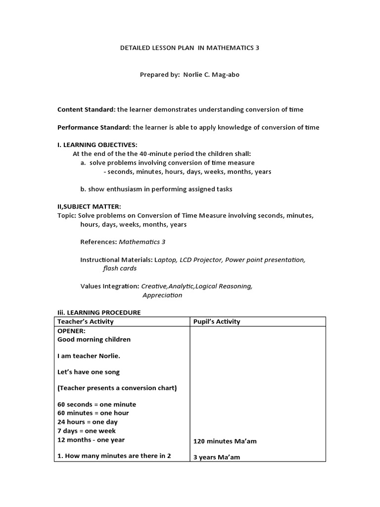 Time Conversion Lesson Plan for Grade 3 | PDF