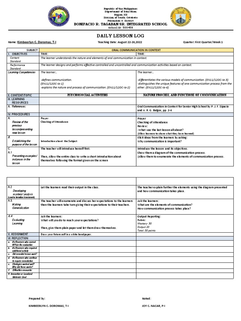Oral Com DLP Q1 Week 1-3 | PDF | Learning | Communication
