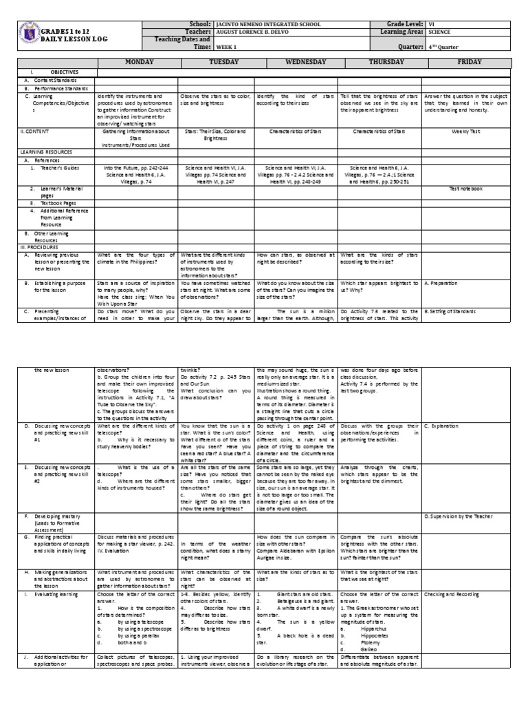 Grade 6 DLL Science 6 q4 Week 1 | PDF