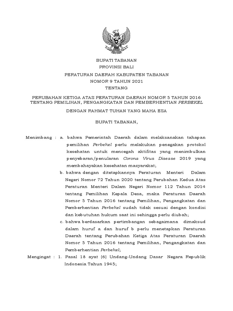 Perda-9-2021 PEMILIHAN PERBEKEL | PDF