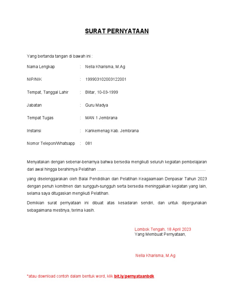 39 Contoh Surat Pernyataan - MERGE | PDF