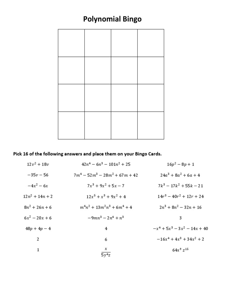 5.3 Multiplying Polynomials Bingo | PDF