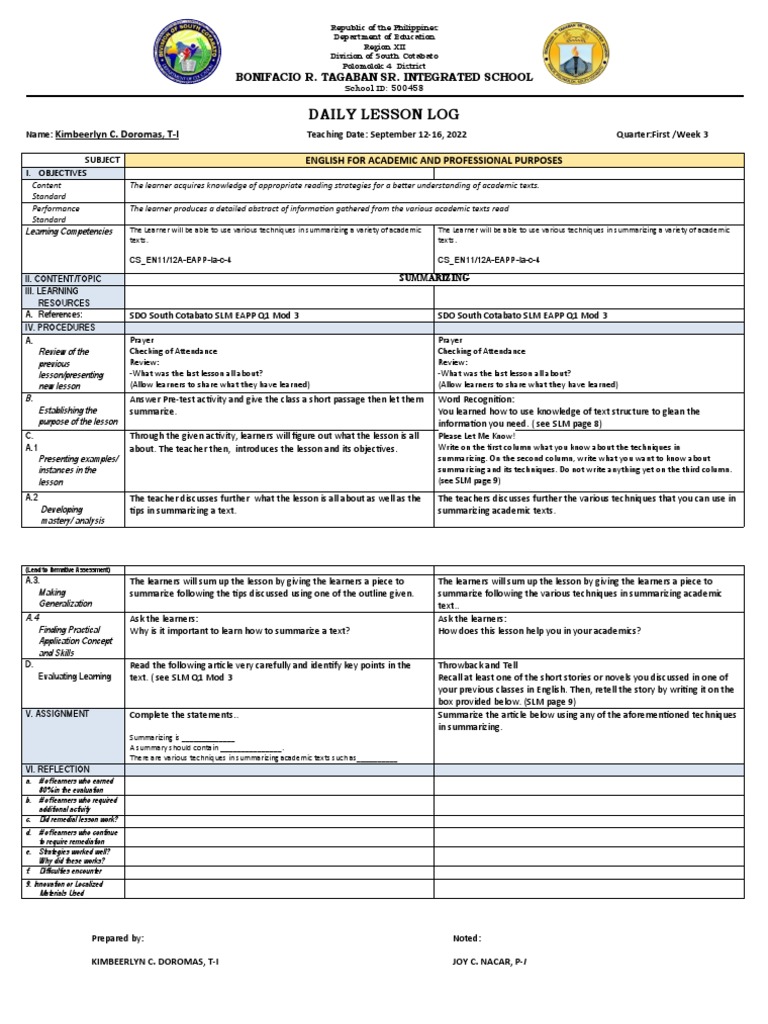 EAPP Week 3 Lesson on Summarizing | PDF | Learning | Teaching