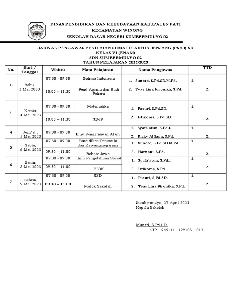 Jadwal Pengawas Psaj | PDF
