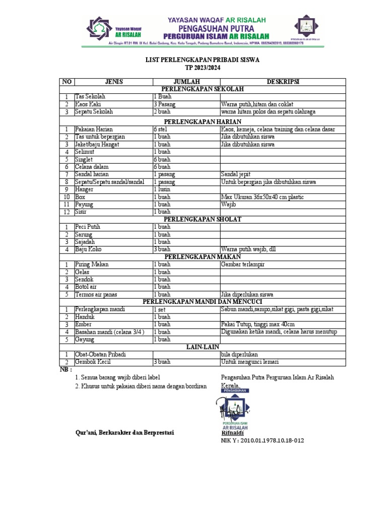 List Perlengkapan Siswa 2023 2024 Pdf