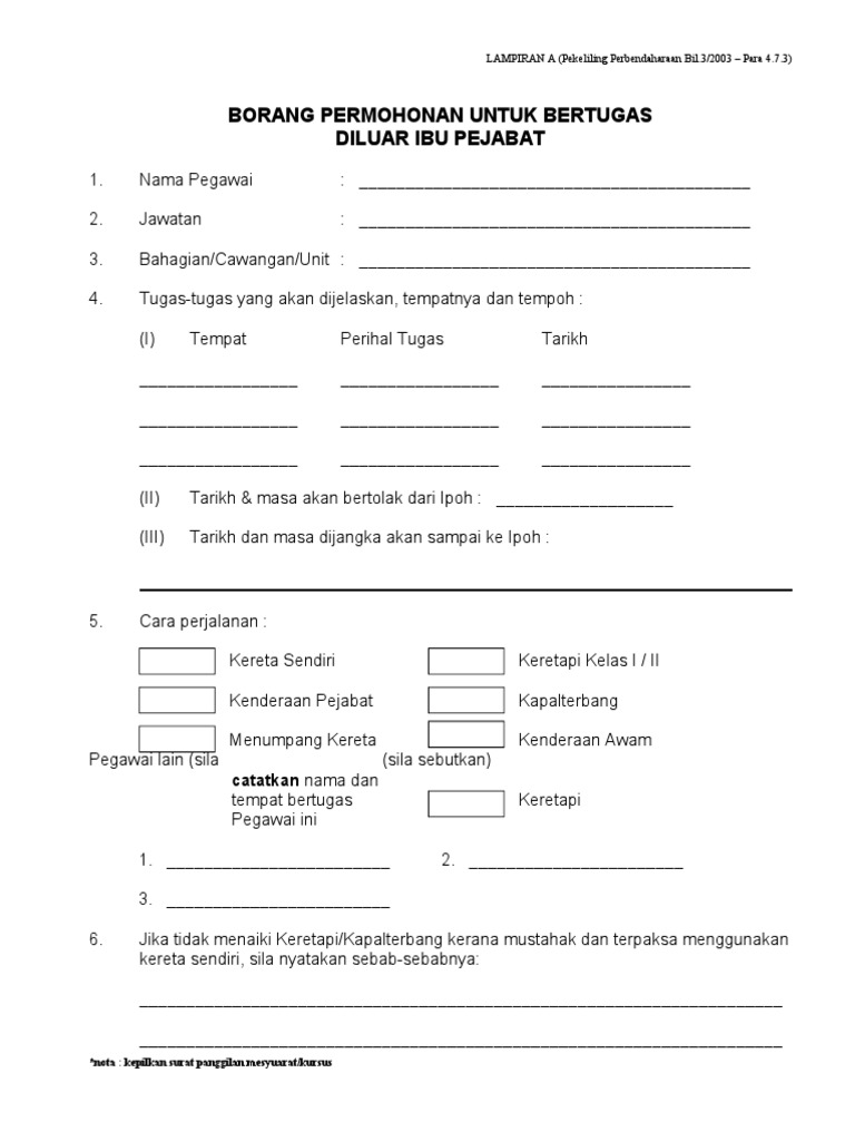 Borang Permohonan Bertugas Di Luar Pejabat | PDF | Bisnis | Pengelolaan Keuangan & Uang