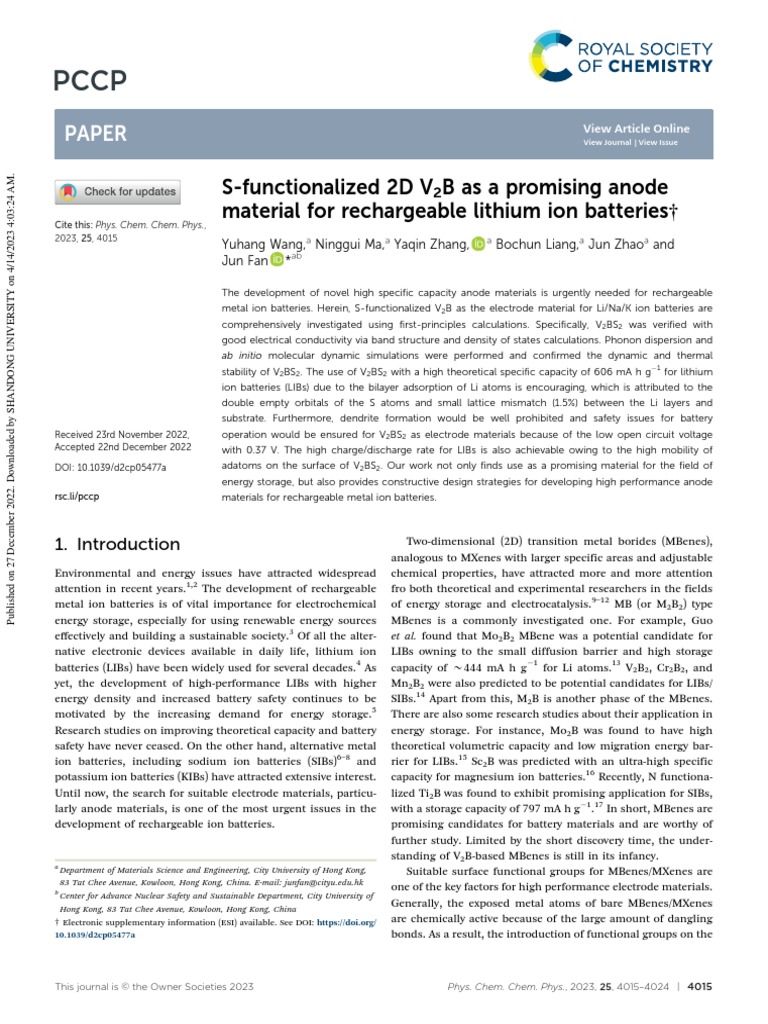 2D V2B As A Promising Anode | PDF | Electrical Resistivity And Conductivity | Adsorption