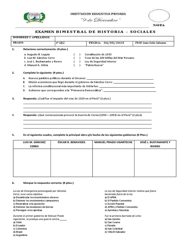 Examen Bim Historia 4 Sec Pdf Gobierno América Del Sur