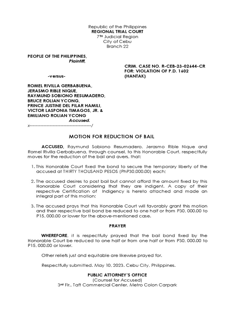 motion for reduction of bail | PDF | Separation Of Powers | Criminal Law